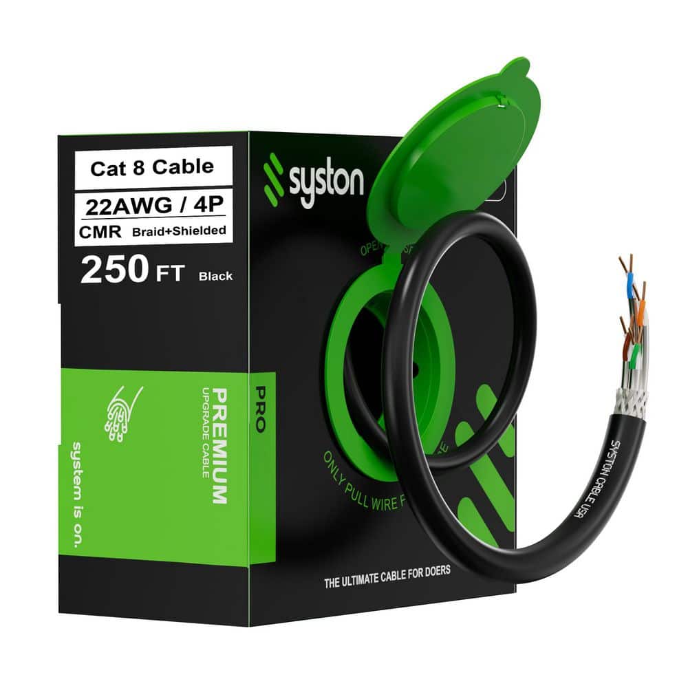 Syston Cable Technology 250 ft. Black CAT8 CMR 22 AWG Ethernet Bulk Cable 2GHz 40GB Individual ...