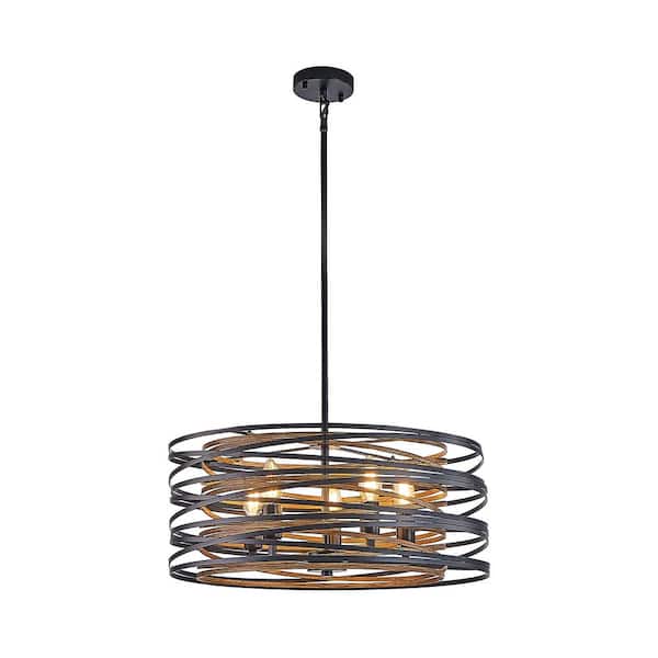 PUDO 20 in. 5-Light Walnut Rustic Industrial Pendant Light with 2 Down ...