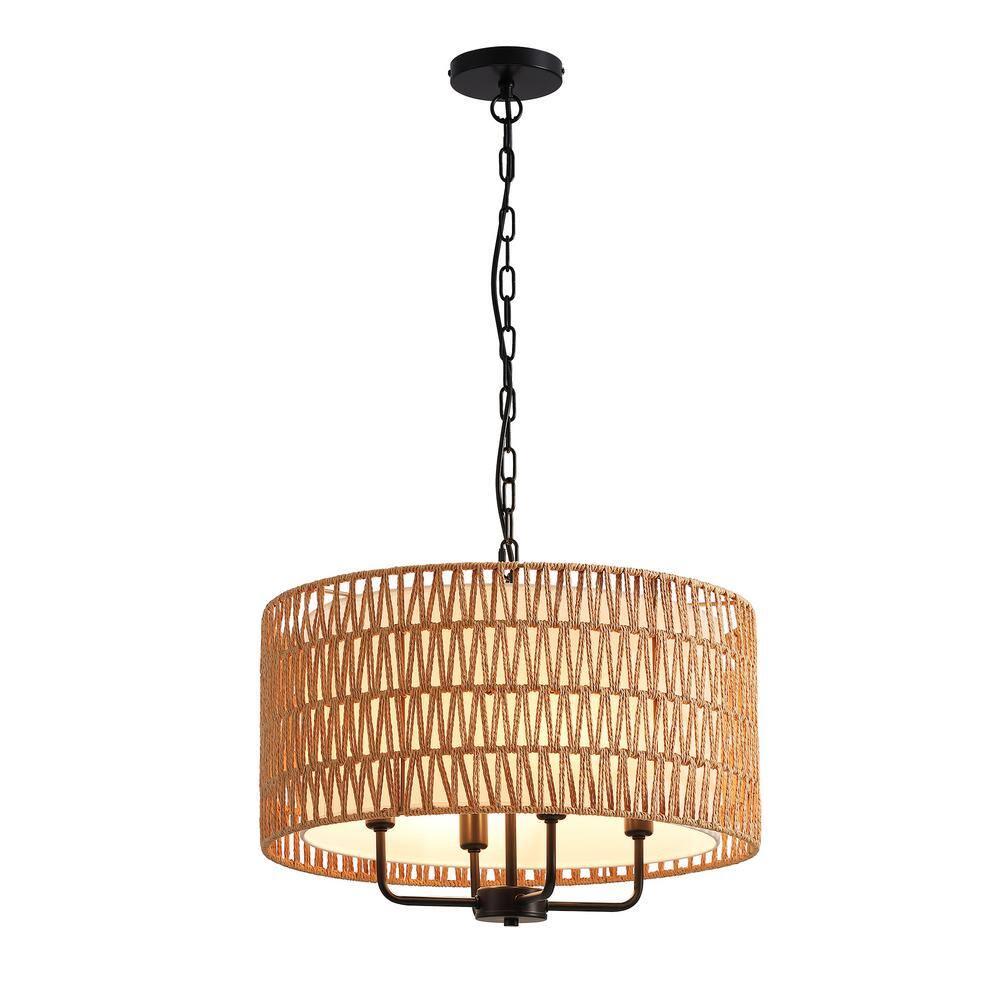 SILJOY 19.7 in. 4-Light Rattan Yellow Bohemin Chandelier for Foyer ...