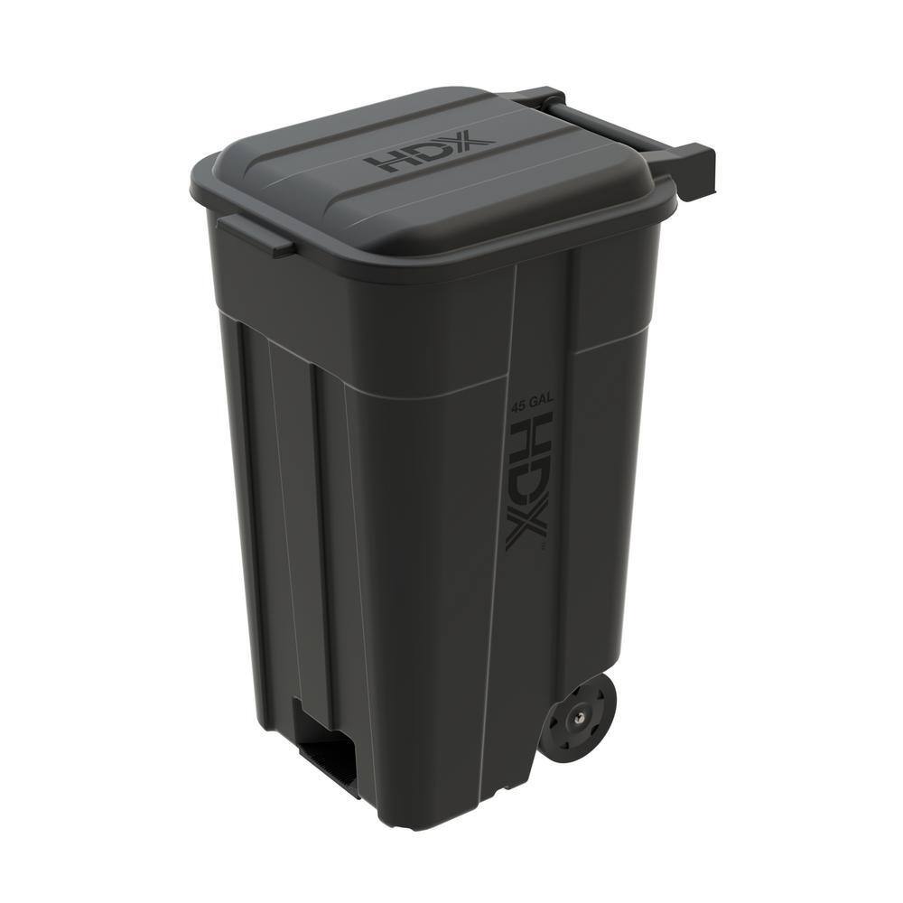 HDX 45 gal. Black Heavy Duty Outdoor Trash Can with Wheels and Attached ...