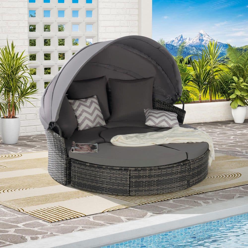 Wicker 5-Piece Outdoor Sectional Set, Patio Daybed with Retractable Canopy and Dark Gray ...