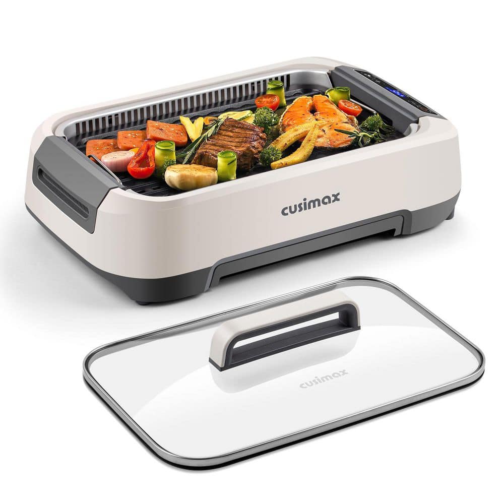 Elexnux 104 sq. in. Smokeless Indoor Grill in White with Ultra-Clear ...