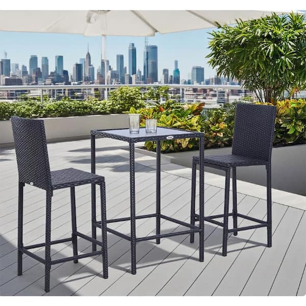 3-Piece Metal Black Outdoor Serving Bar Set with Glass Top Table, Bar ...