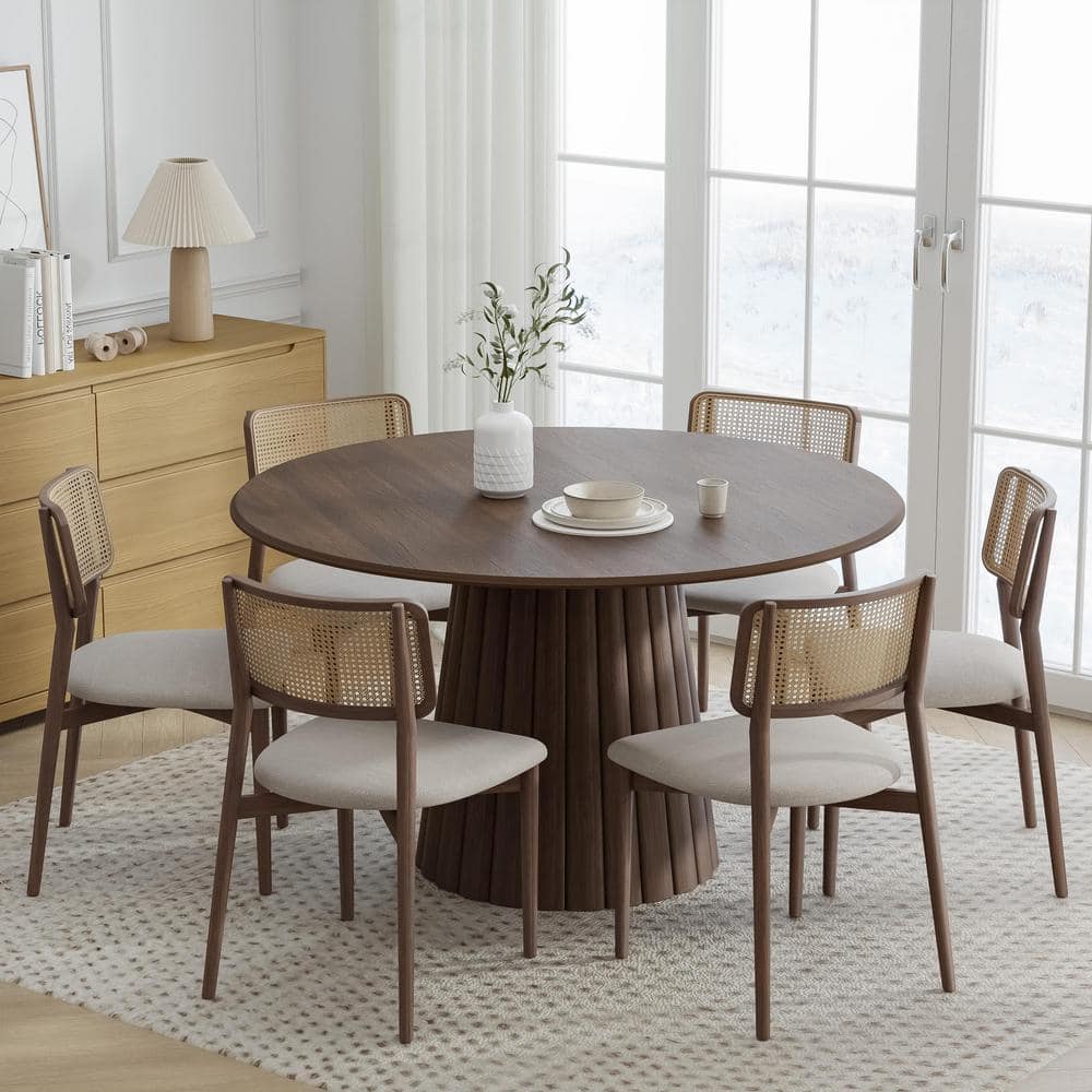 Dovelina 52 in. Wood Walnut Color Column Pedestal Round Kitchen Table ...