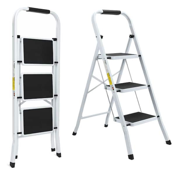maocao hoom Reach 3.4 ft. 3-Step White Iron Ladder Foldable Non-Slip ...