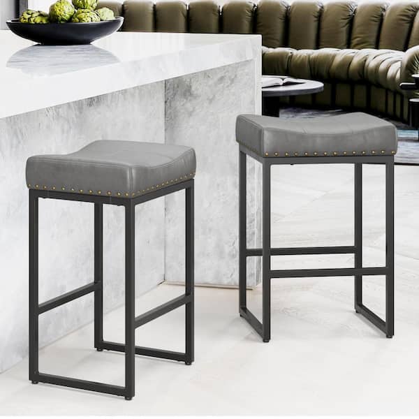 LUE BONA Modern 24 in. Metal Frame Gray Bar Stools Set of 2 Counter Height Barstools DB 003 05HD