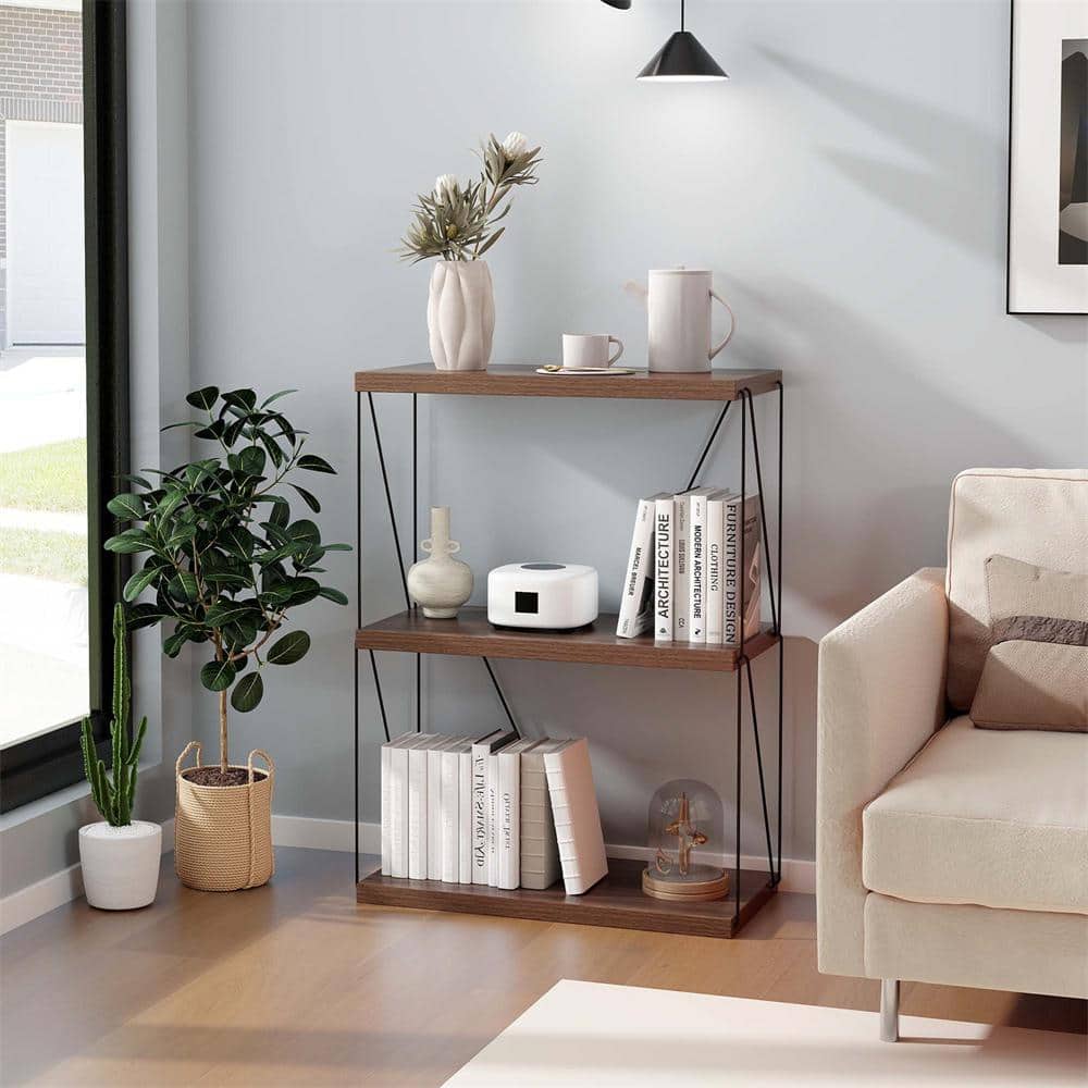 Costway 32.5 in. Tall Walnut Metal Frame 3-Shelf Multipurpose Display ...