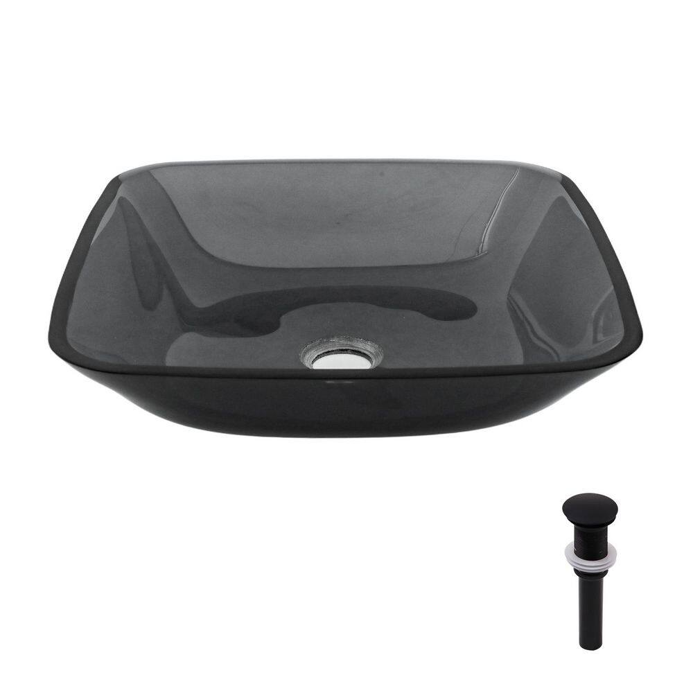 Qidian 16 in. Grey Square Tempered Glass Vessel Bathroom Sink with Pop ...