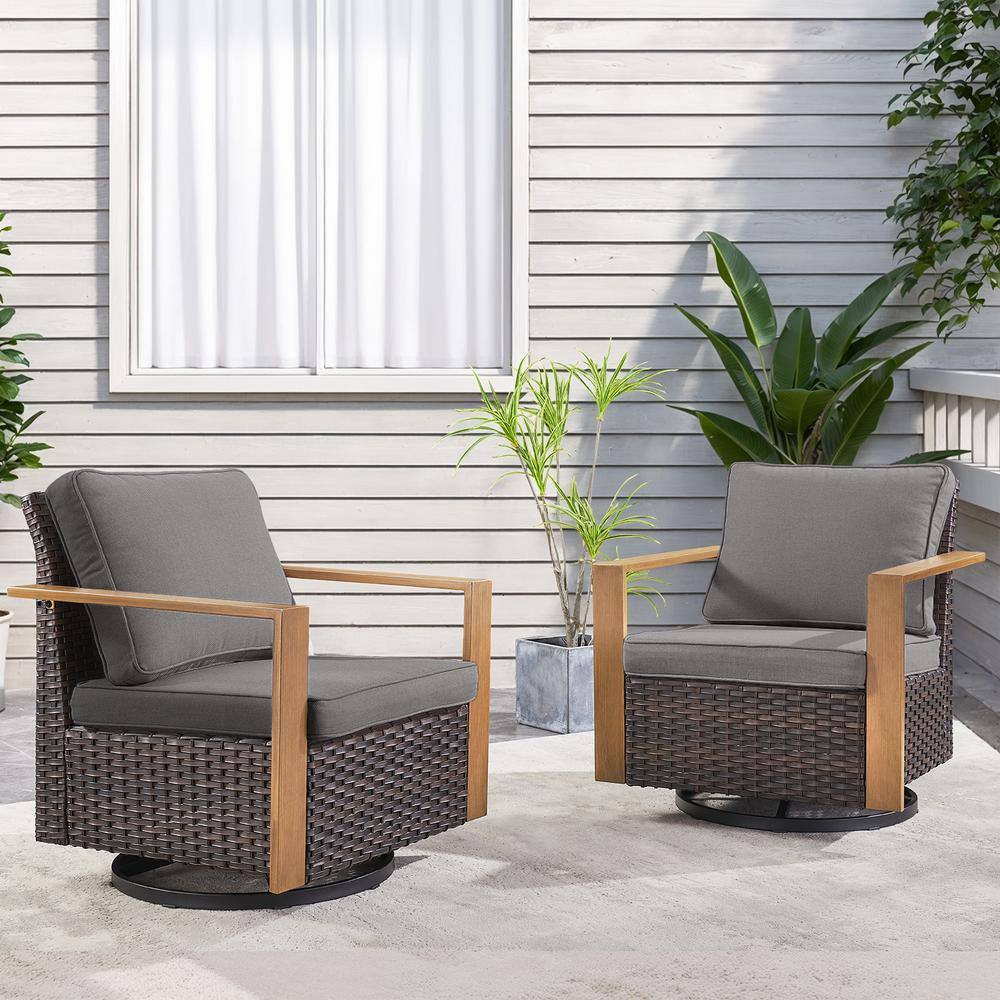 Opohoro Grid Metal and Brown Wicker Outdoor Rocking Chair Patio Swivel ...