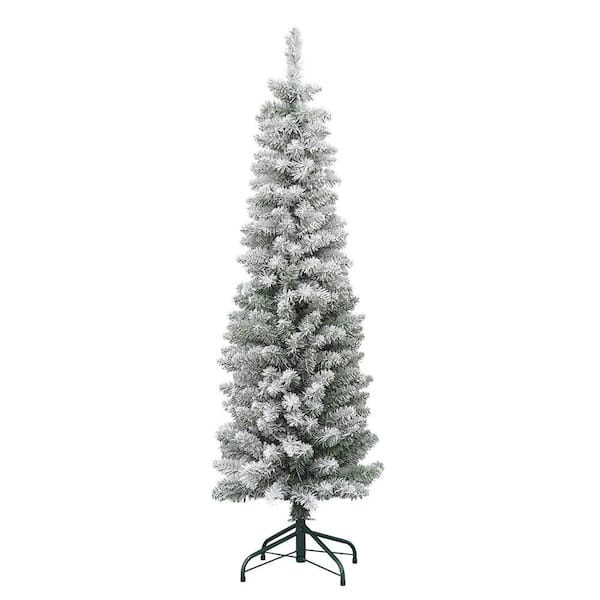 Maypex 8 ft. Pre-Lighted LED Flocked Slim Artificial Christmas Tree ...