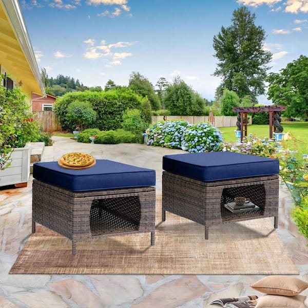 DWIOM Brown Wicker Outdoor Ottoman Steel Frame Footrest Patio Furniture ...