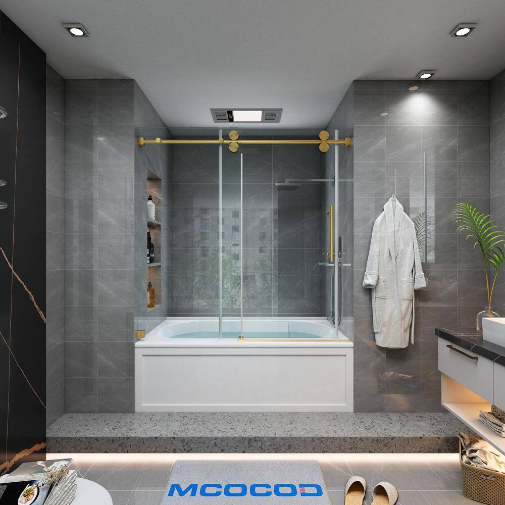 MCOCOD 60 in. W x 60 in. H Single Sliding Frameless Tub Door in Brushed Gold with Smooth Sliding ...