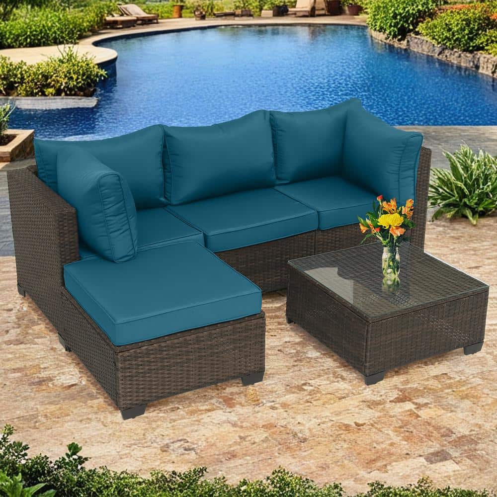 Runesay Wicker Outdoor Sectional Set with Blue Cushions Outdoor ...