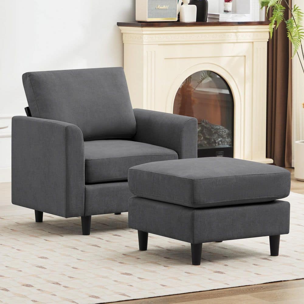 JEAREY Florence Mid-Century Linen Fabric Accent Arm Chair with Ottoman ...