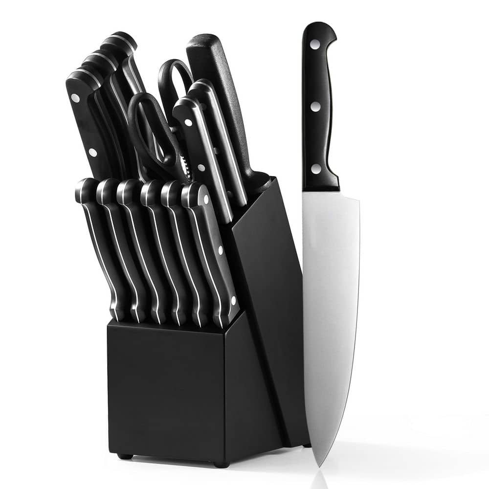 Numhew 14-Piece Black High Carbon Stainless Steel Knife Set with Block ...
