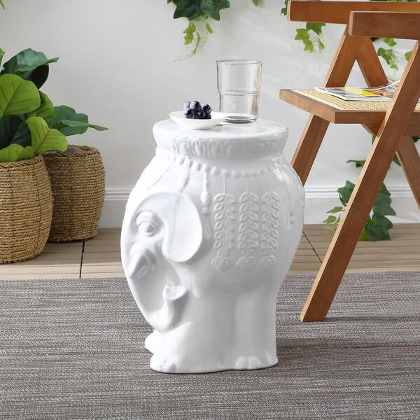 JONATHAN Y Orla 18.5 in. Modern Bohemian Elephant Ceramic Garden Stool White TBL1026A