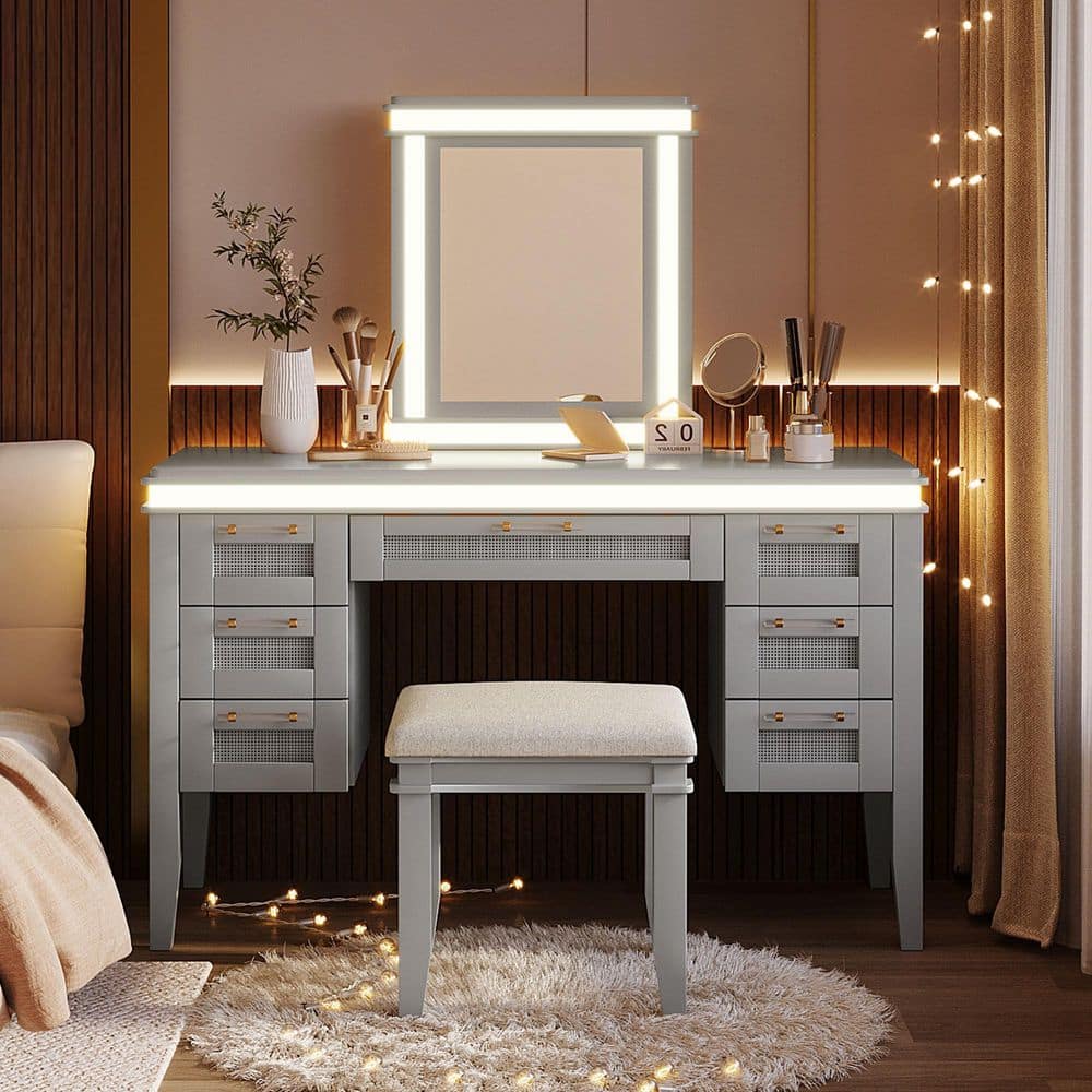 Polibi Grayish Blue Makeup Vanity Set with Mirror, Lights,Rubber Wood ...