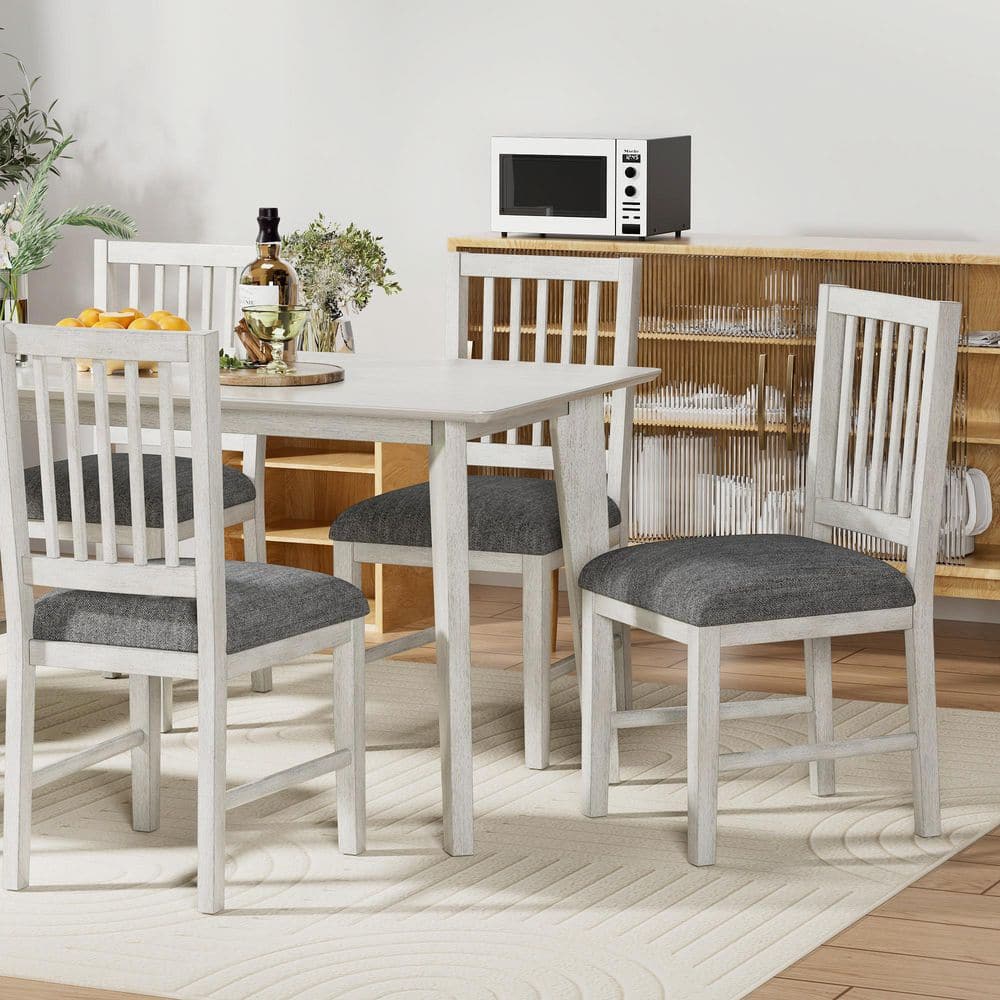 VECELO Slat Back Dining Chairs (Set of 2), Upholstered Gray Dining Chair with Wooden Legs ...