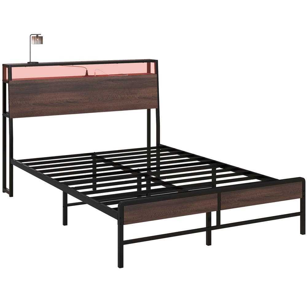 HOMCOM Full Size Bed Frame with Headboard, Platform Bed Frame with LED ...