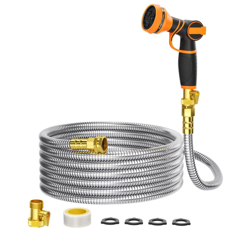 5/8 in. x 50 ft. Heavy-Duty Stainless Steel Metal Garden Water Hose ...