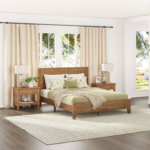 cozyman Lessio Light Brown Mid Century 13.7 in. Solid Wood Frame Queen Platform Bed with Wooden Slats Headboard Easy Assembly CR 007 04HD The Home Depot