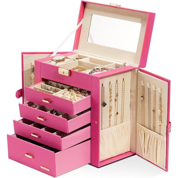 Faux Leather Jewelry Box Mirrored, Pink YA057 - The Home Depot