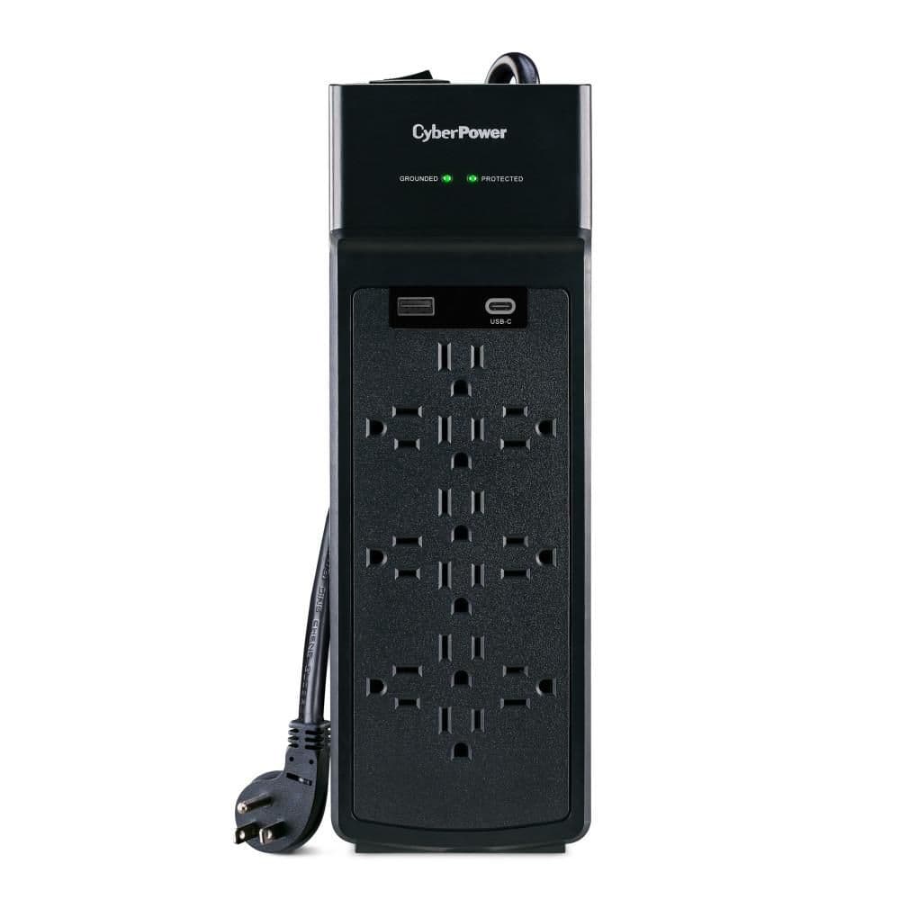 CyberPower 12-Outlet Surge Protector with USB-A and USB-C, 8 ft. Cord ...