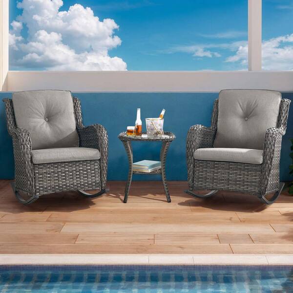 Gymojoy Carolina Gray 3-Piece Wicker Patio Conversation Set with Gray ...