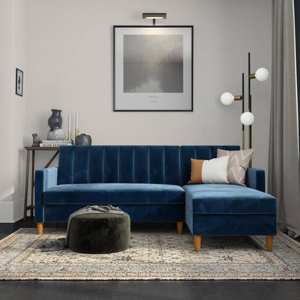 DHP Nelly Navy Velvet Futon Sectional with Storage DE74567 - The Home Depot