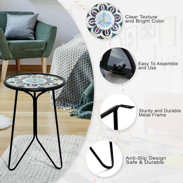 Unbranded Metal Glass Outdoor Side Table 12 in. Weather Resistant Patio Accent Side Table D0BBTT4KPC