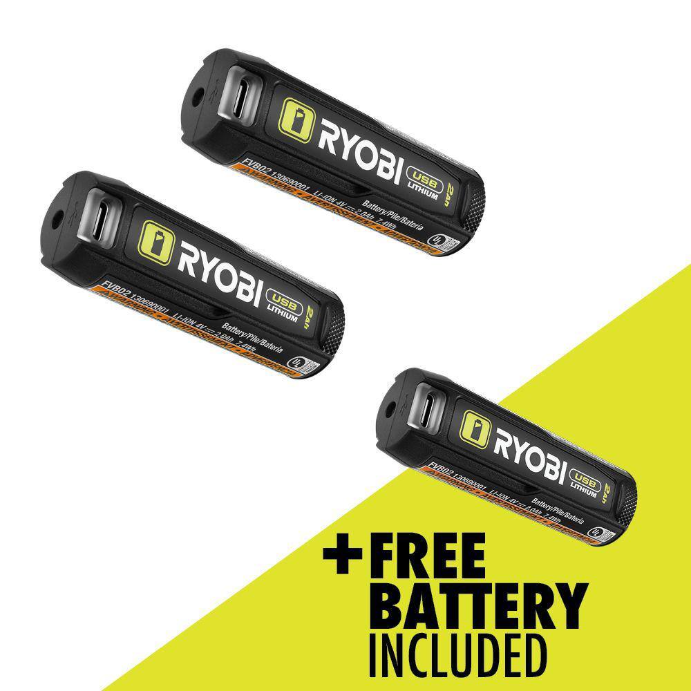 RYOBI USB Lithium 2.0 Ah Lithium Rechargeable Batteries (3-Pack) FVB202 ...