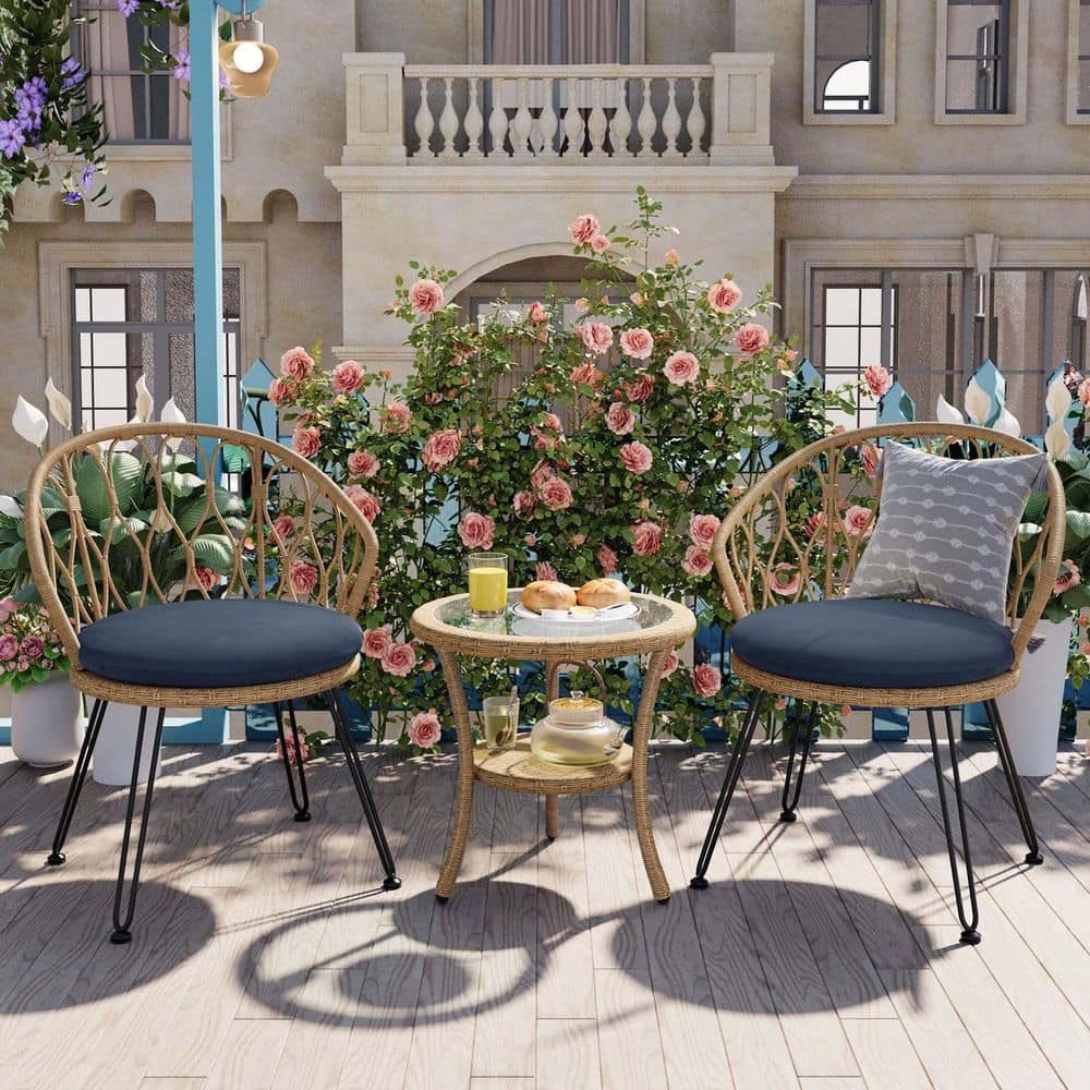 SereneVita Natural 3-Piece Wicker Outdoor Bistro Set with Dark Blue ...