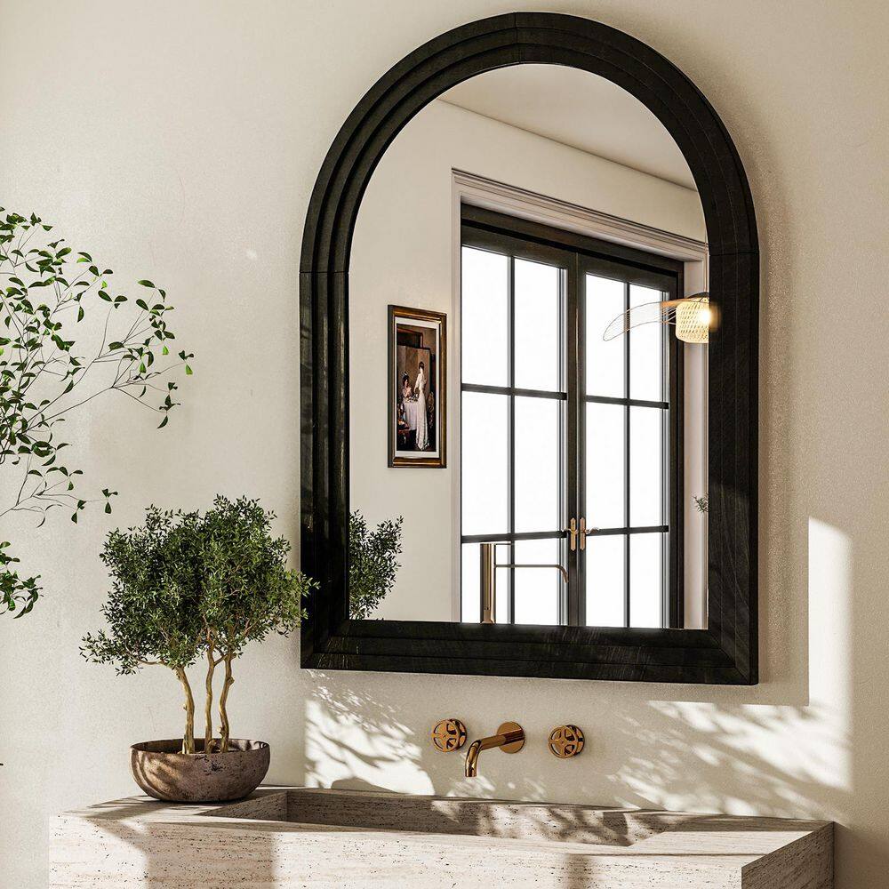 XRAMFY 24 in. W x 36 in. H Arched Classic Black Wooden Framed Bathroom ...
