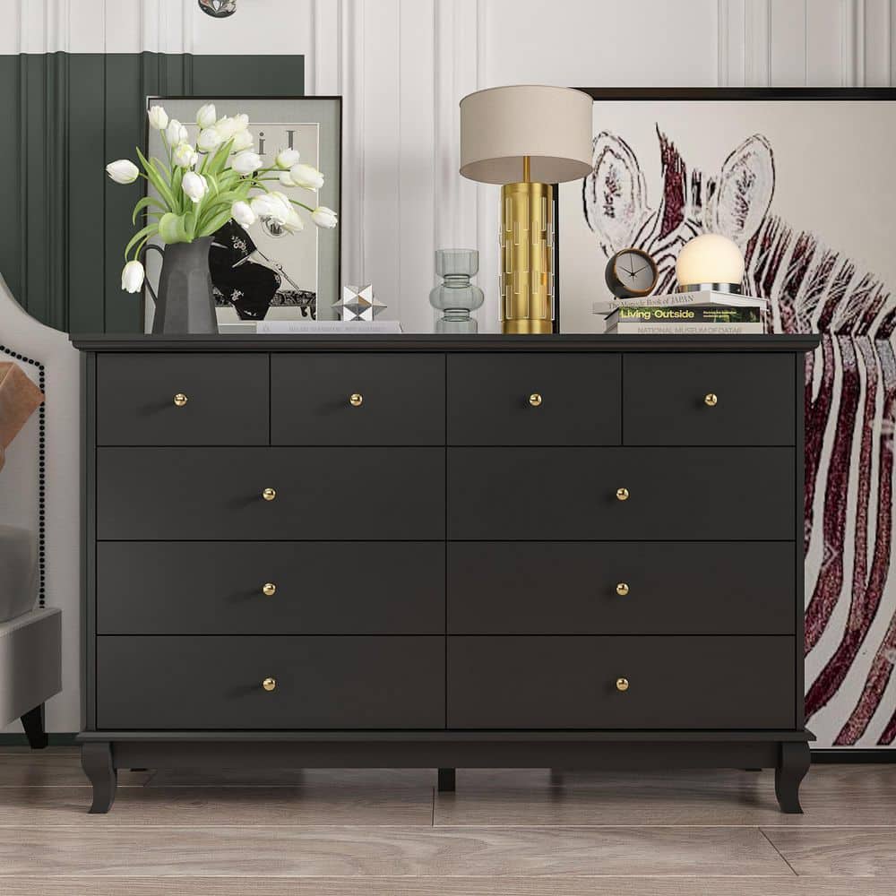 FUFU&GAGA Black 10-Drawer 55.1 in. Chest of Drawers with Spacious ...