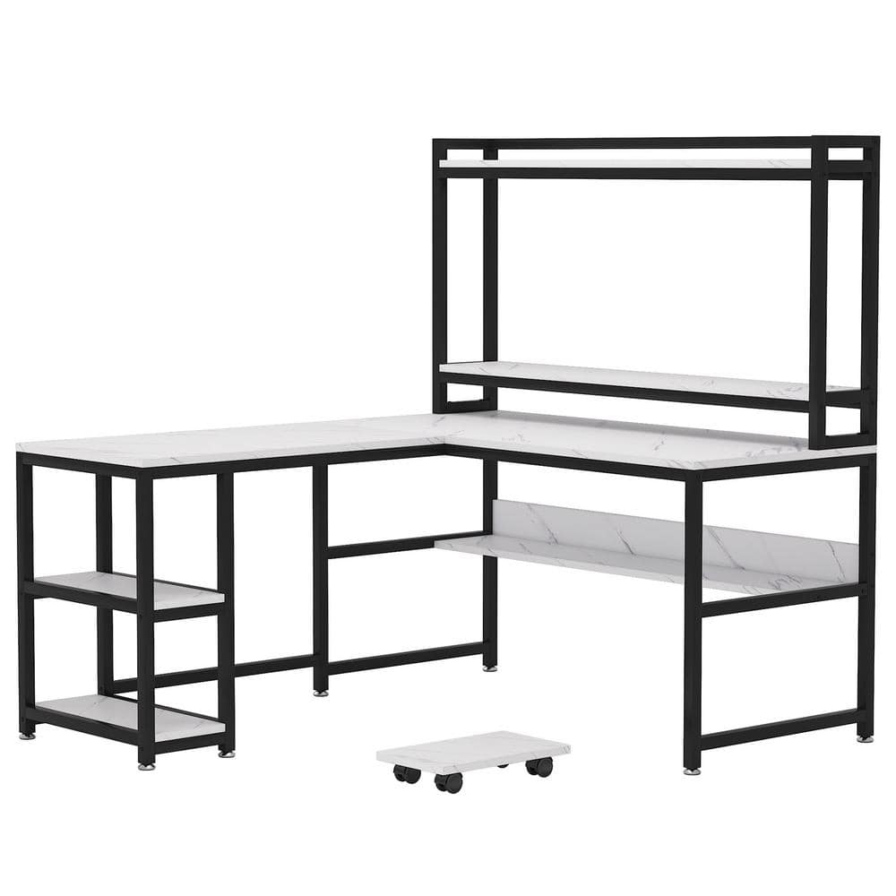 BYBLIGHT Lanita 59 in. W L-Shaped Faux Marble White Wood Computer Desk ...