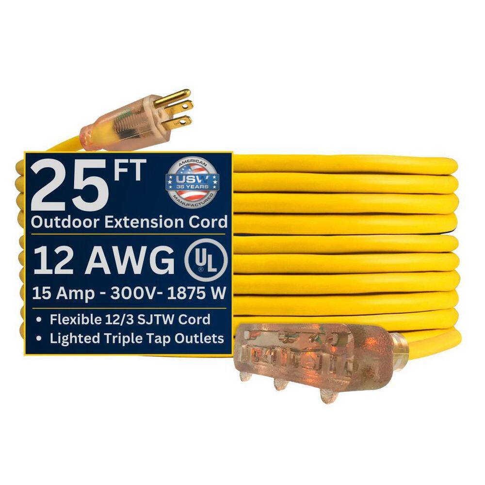 US Wire and Cable USW 25 ft. 12/3 Yellow Triple Tap Extension Cord with ...