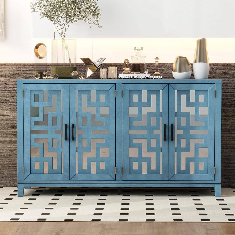 Navy Retro Solid Wood 60 in. W 4-Door Mirrored Buffet Sideboard with ...