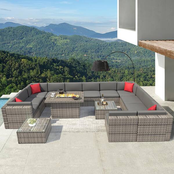 Sizzim 15-Piece Wicker Patio Conversation Set with Gray Cushions/Steel ...