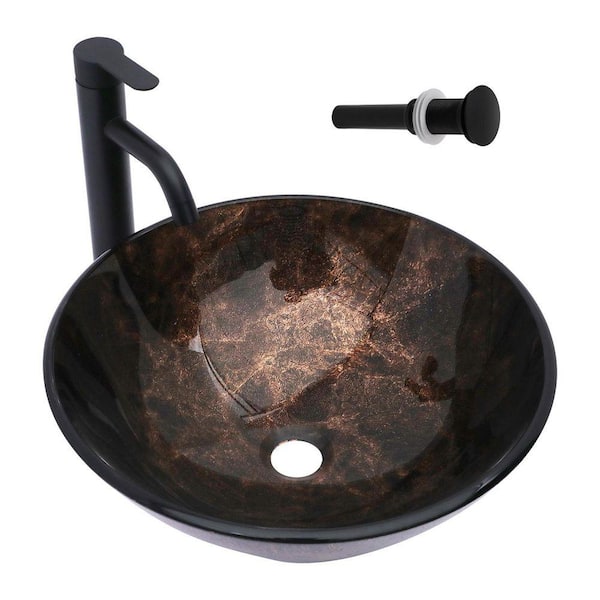 Logmey 16-1/2 in. Bronze Glass Round Vessel Bathroom Sink with Black ...