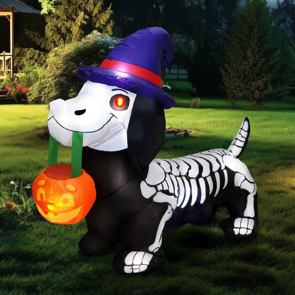 Joyfy 5Ft 2-Pack Halloween Inflatables: Skeleton Dog & LED Pumpkin ...