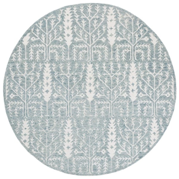 SAFAVIEH Jardin 6 ft. x 6 ft. Blue/Ivory Geometric Branches Round Area ...