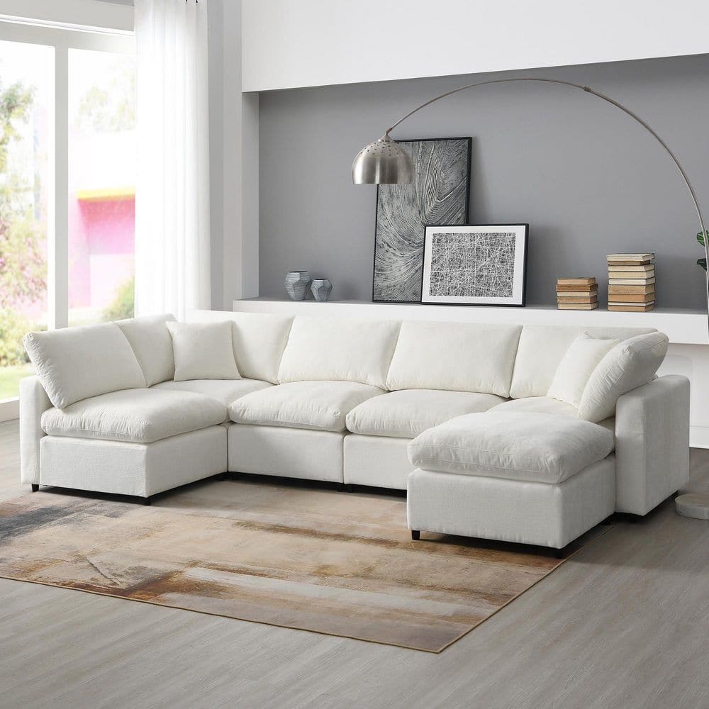Noble House Gretchen 130 in. Armrest 6-Piece U Shaped Chenille Modern ...