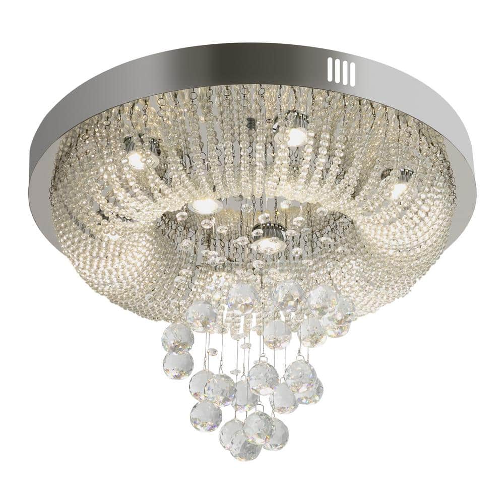 OUKANING 23.62 in. 9-Light Silver Modern Crystal Ceiling-Light ...