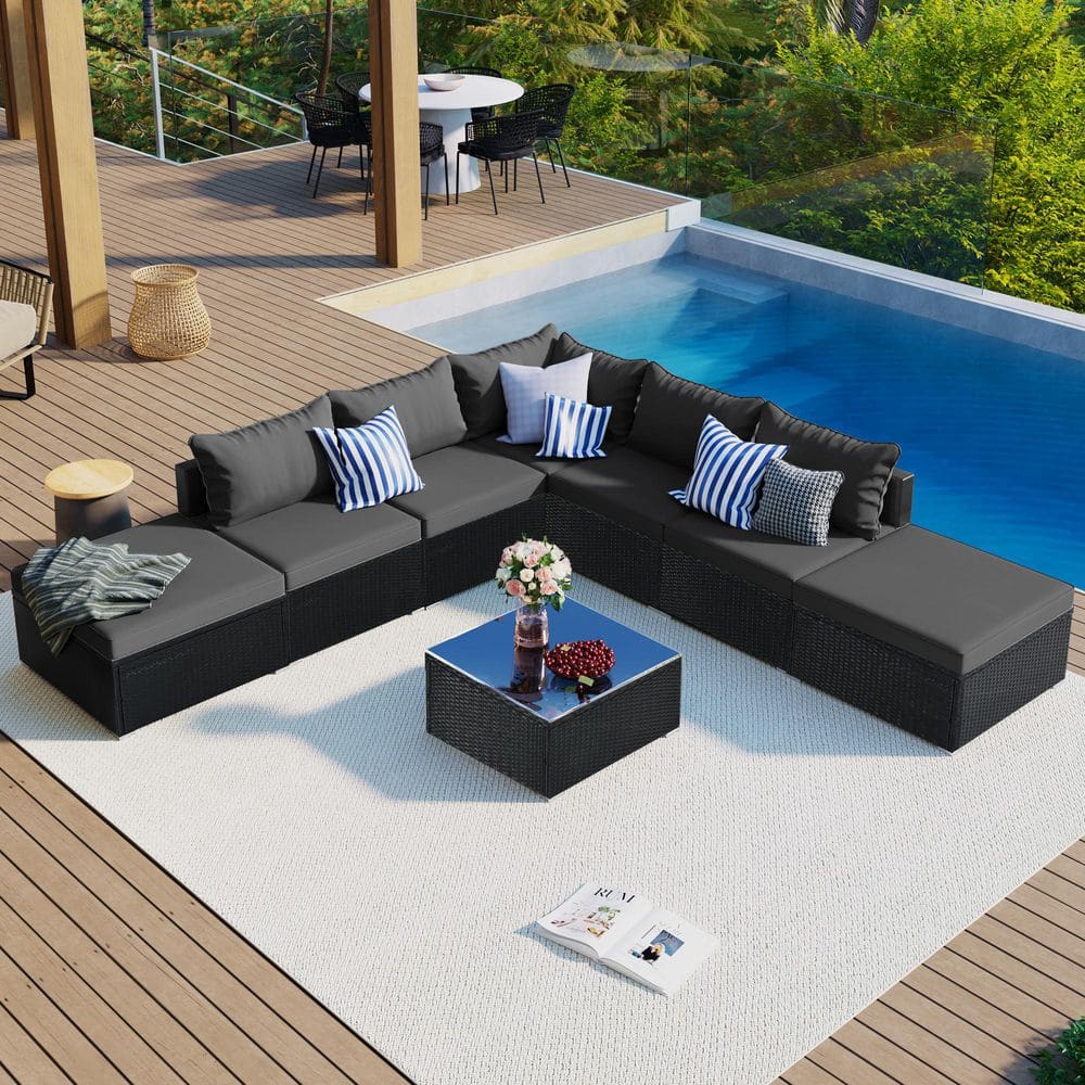 Black 8-Piece Wicker All-Weather Patio Outdoor Sectional Set with Gray ...