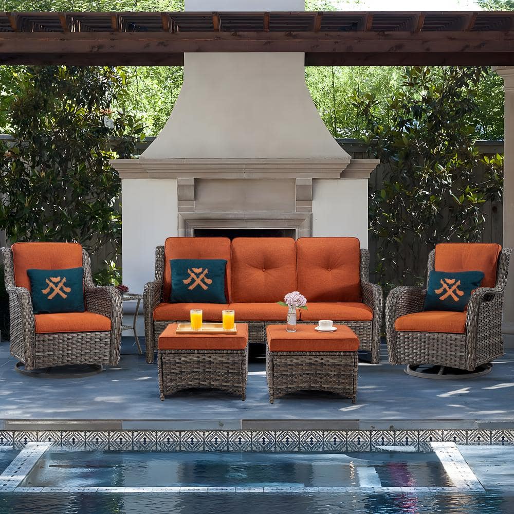 JOYSIDE 6-Piece Wicker Outdoor Patio Seating Set Sectional Sofa with ...