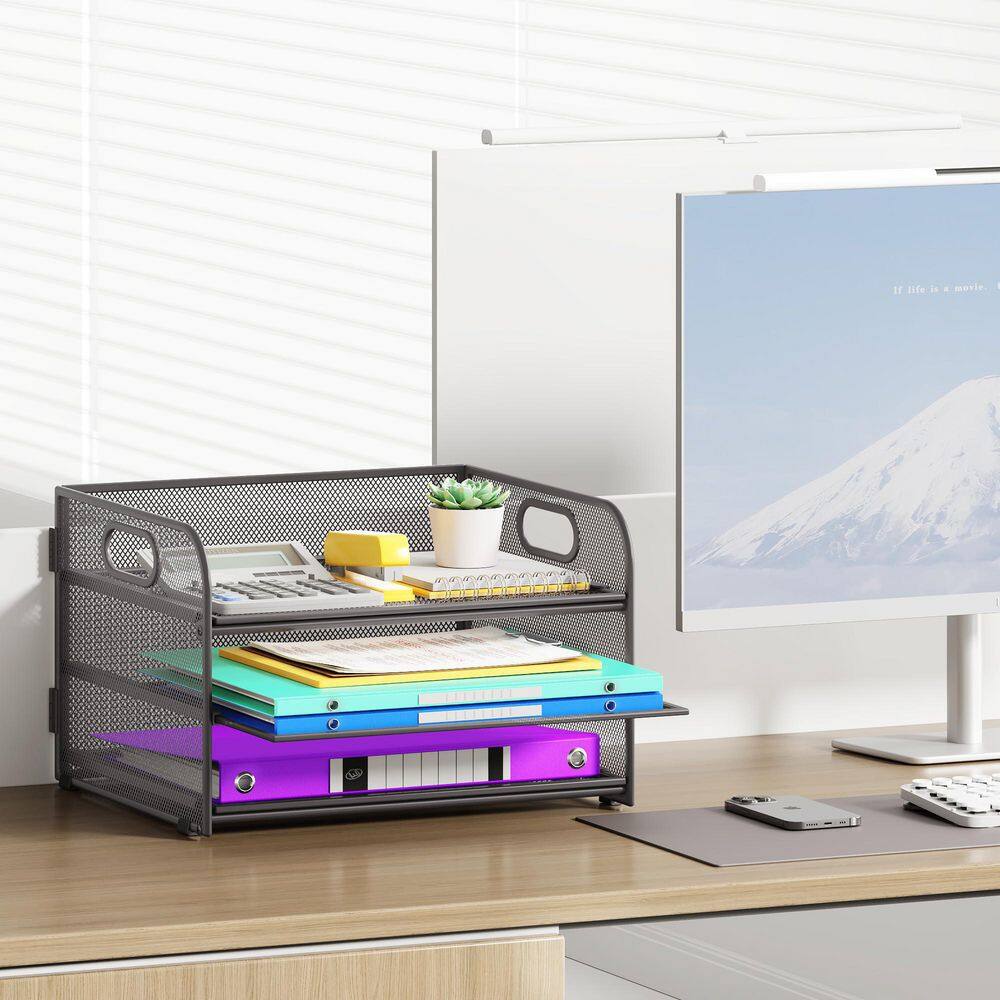 7.5 in. x 12.6 in. 3 Tier Paper Organizer with Handle, Metal Mesh Desk ...