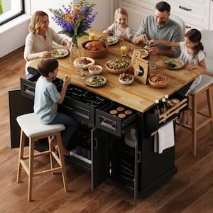 Runesay Rustic Coastal White Wood 54 in. Rubber Wood Drop Leaf Rolling ...