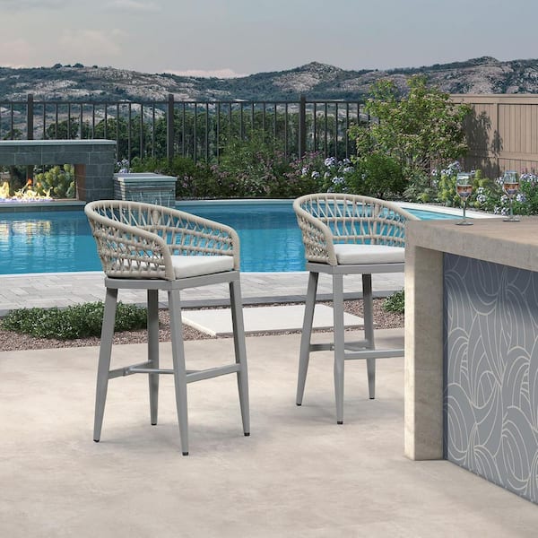 PURPLE LEAF Modern Aluminum Rattan Bar Height Outdoor Bar Stool with Back and Gray Cushion ...