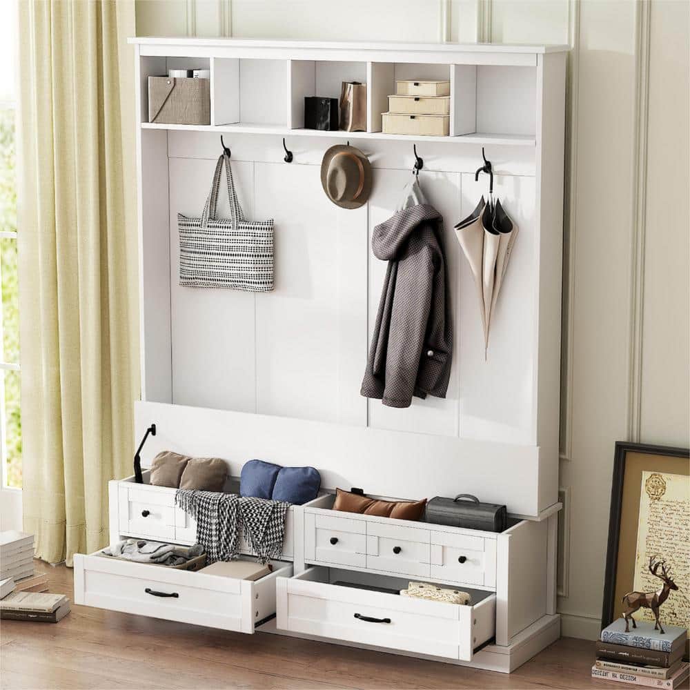 Harper & Bright Designs 3-in-1 White 59 in. Wide Hall Tree with Drawers ...