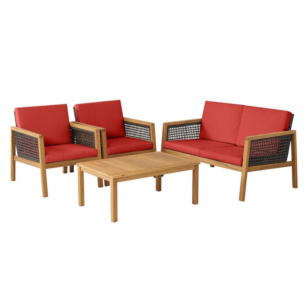 WELLFOR 4-Piece Rattan Patio Conversation Set with Red Cushions ...